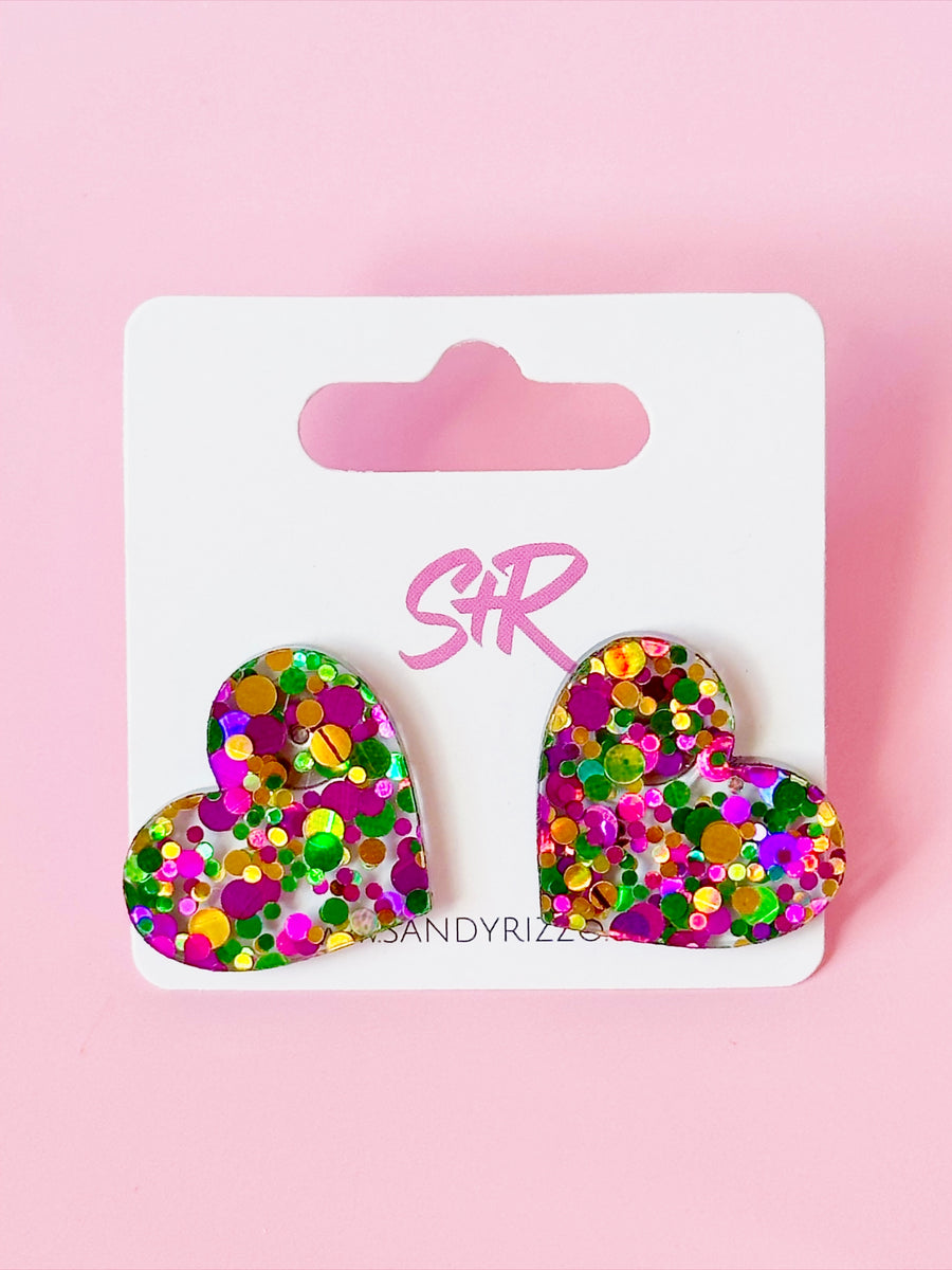 Mardi Gras Large Heart Stud – Sandy + Rizzo